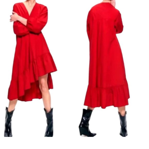 Zara | Dresses | Zara Poplin Midi Raffle Asymmetric Dress | Poshmark